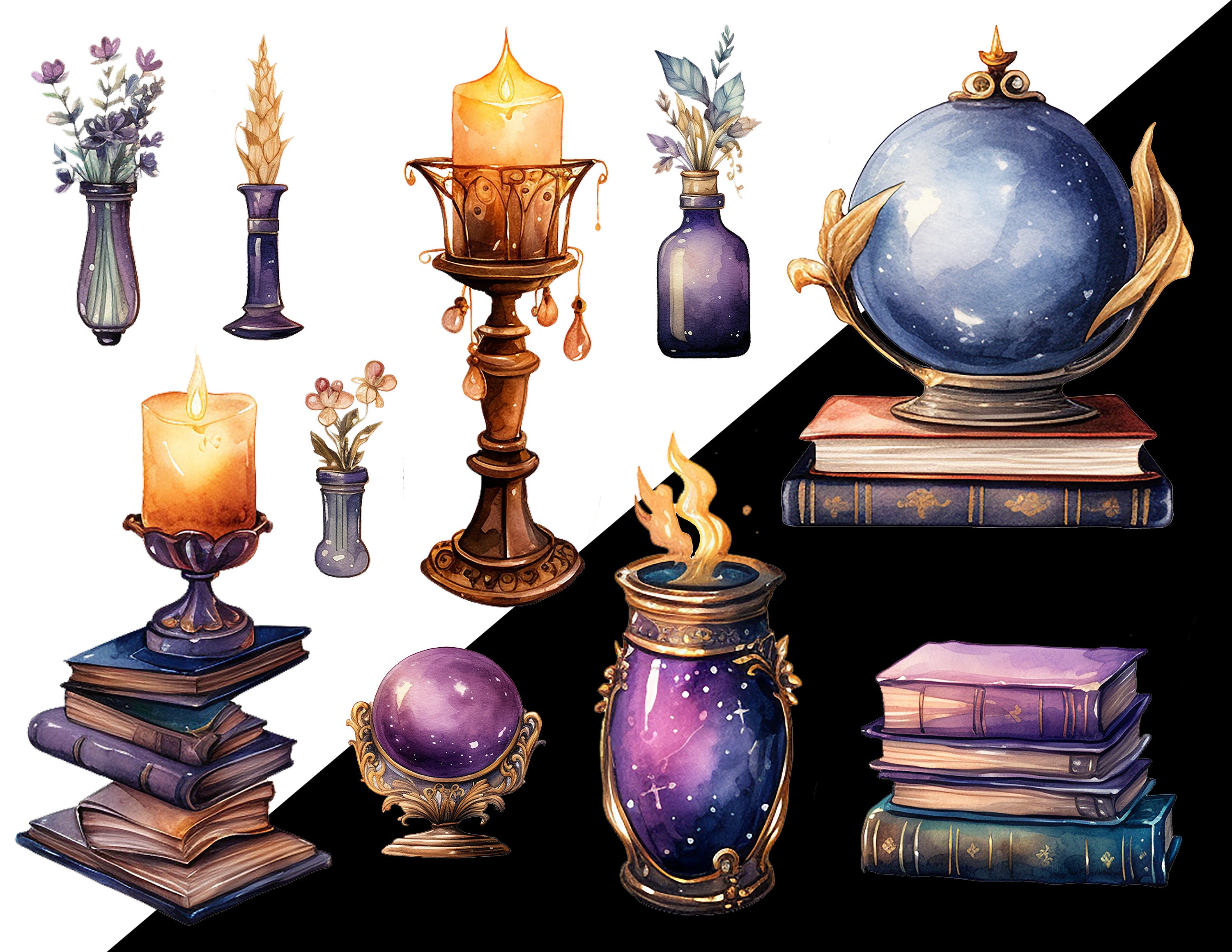 Watercolor Fantasy Books Clipart - Galaxy Book Stacks and Book Shelves ...