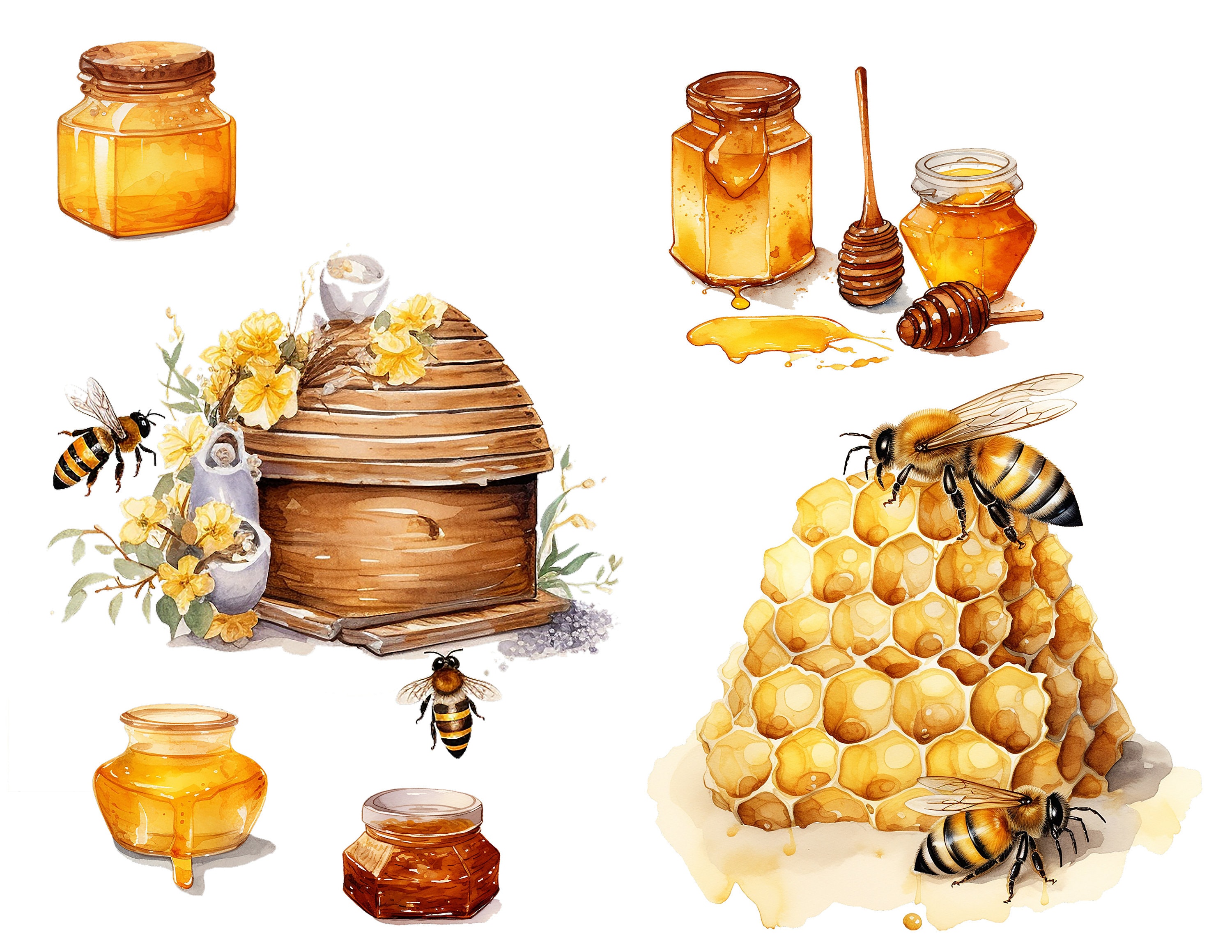 Watercolor Honey Bee Clipart, Spring Garden Bee and Honey Drips Clip ...