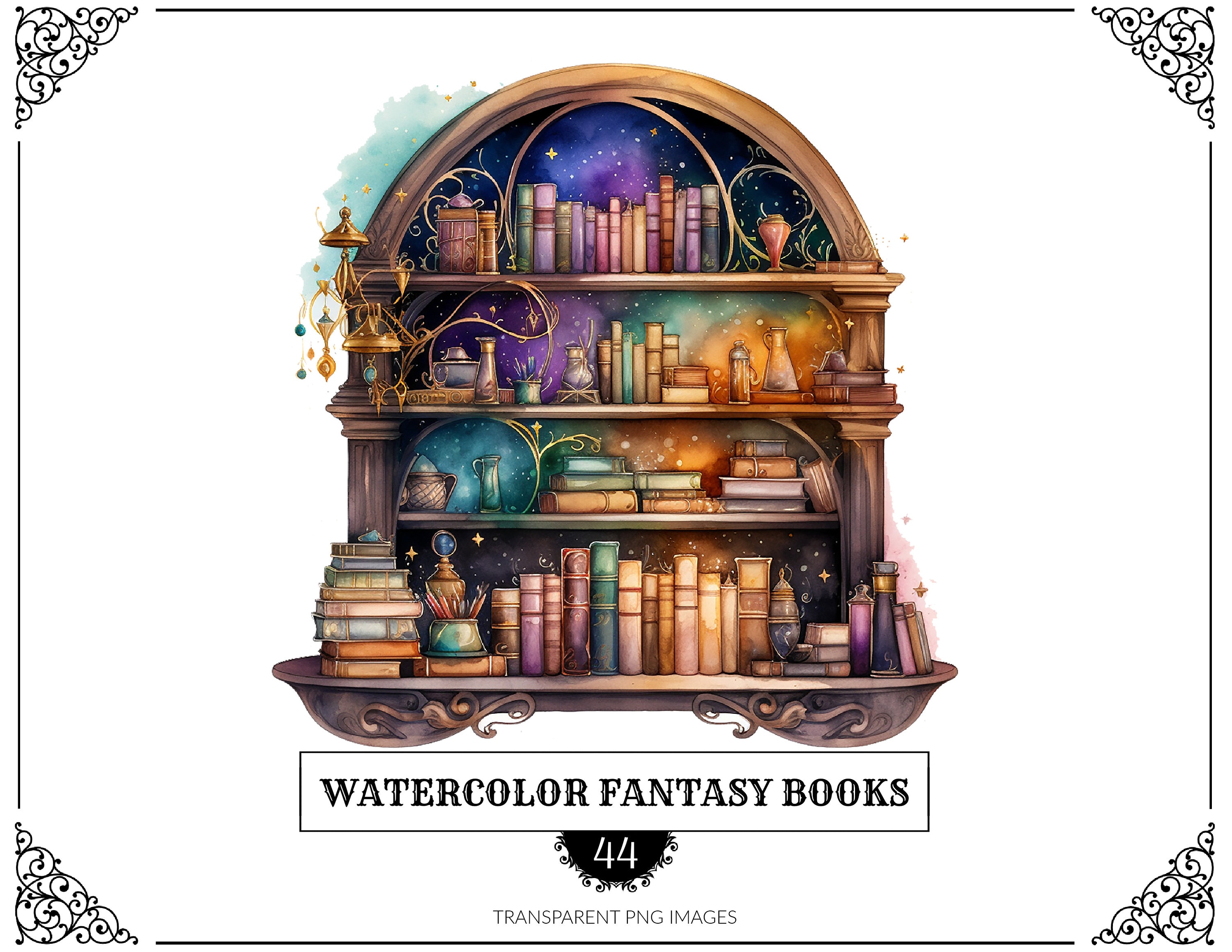 Watercolor Fantasy Books Clipart - Galaxy Book Stacks and Book Shelves ...