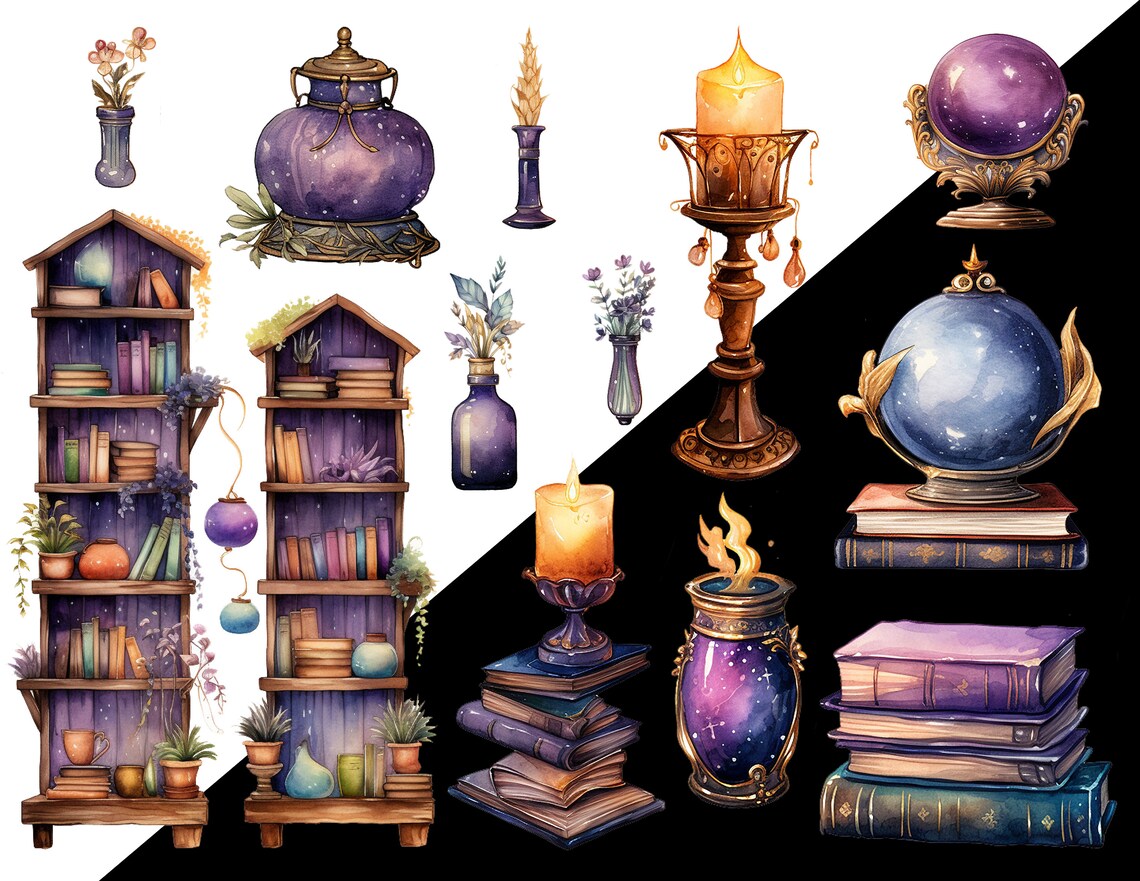 Watercolor Fantasy Books Clipart Galaxy Book Stacks and Book - Etsy