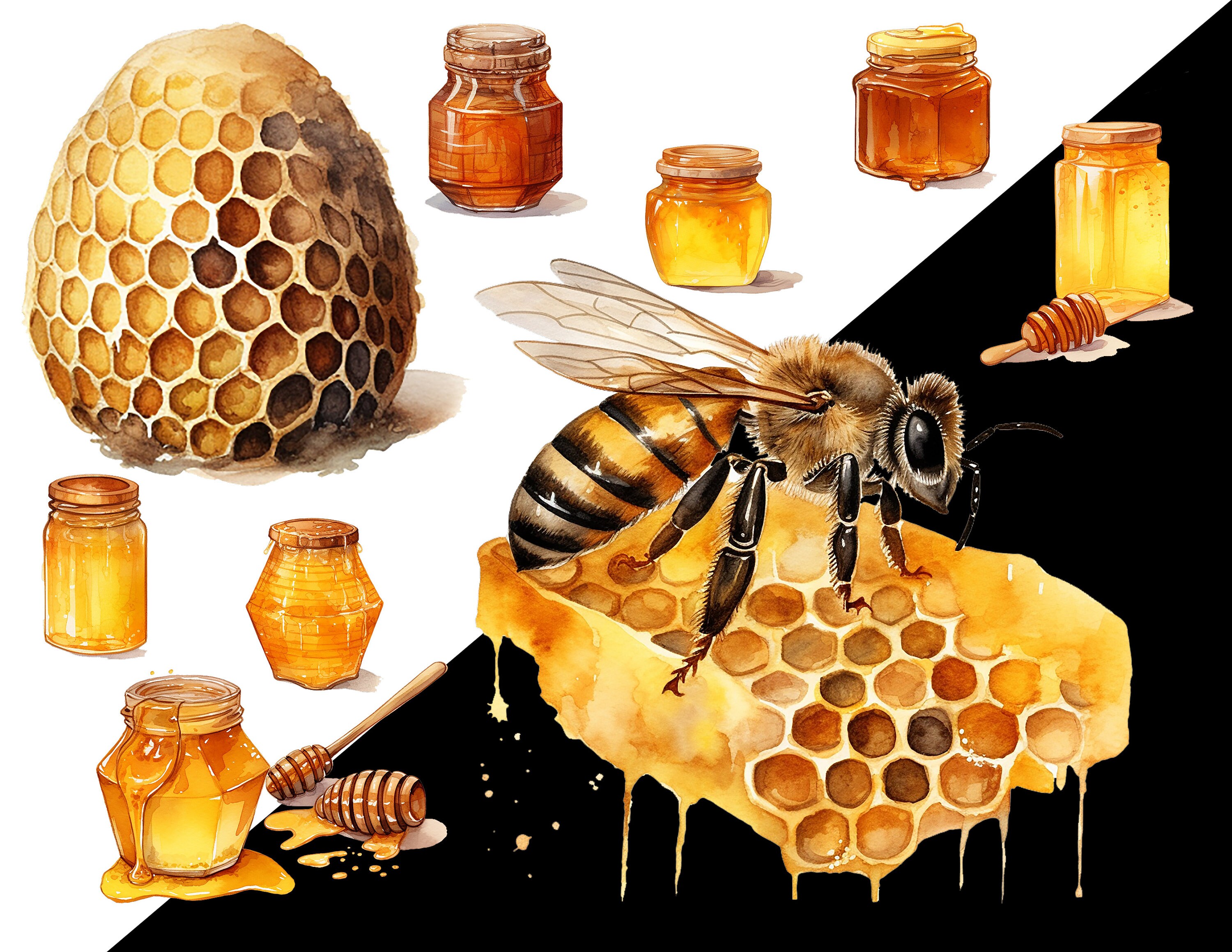 Watercolor Honey Bee Clipart, Spring Garden Bee and Honey Drips Clip ...