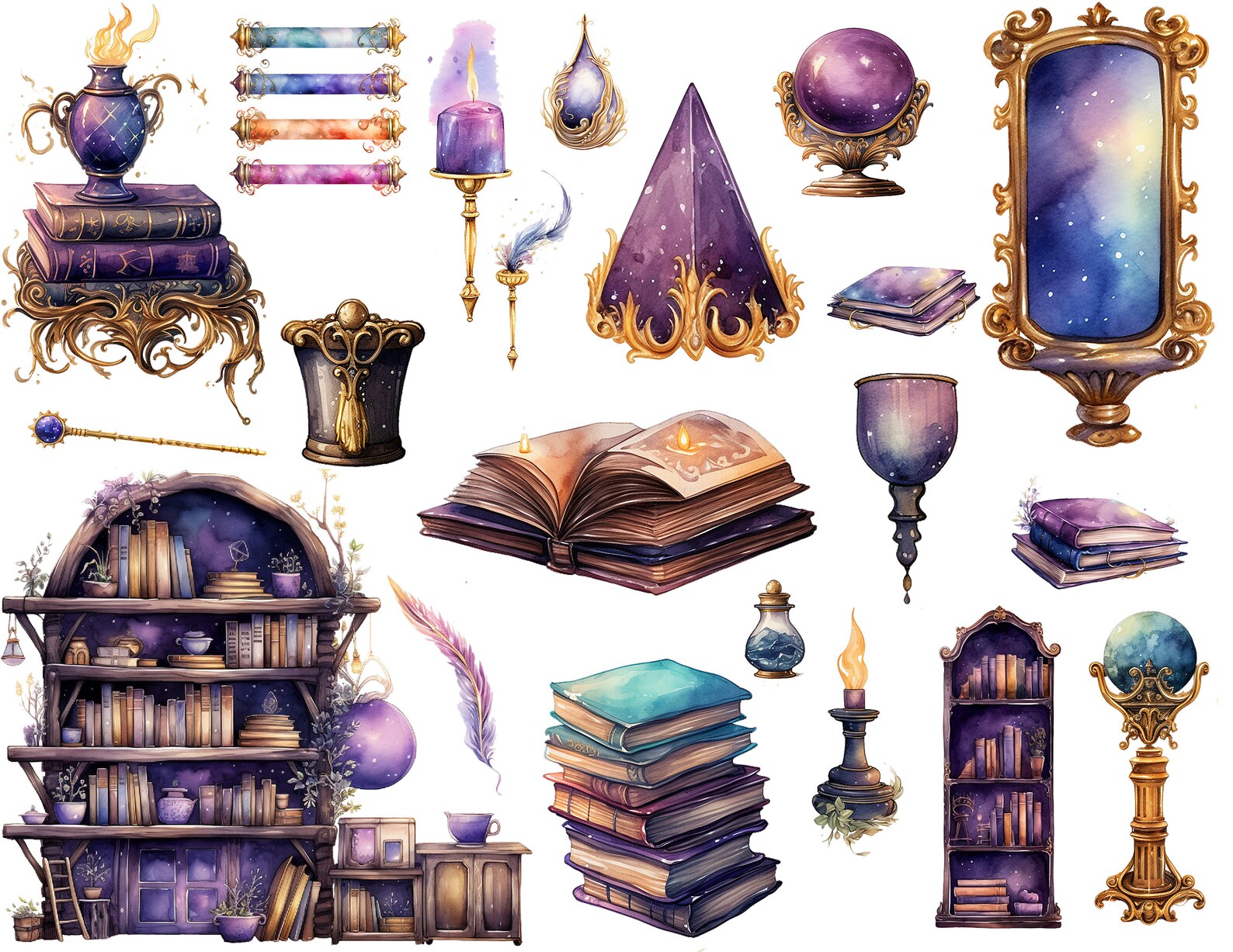 Watercolor Fantasy Books Clipart - Galaxy Book Stacks and Book Shelves ...
