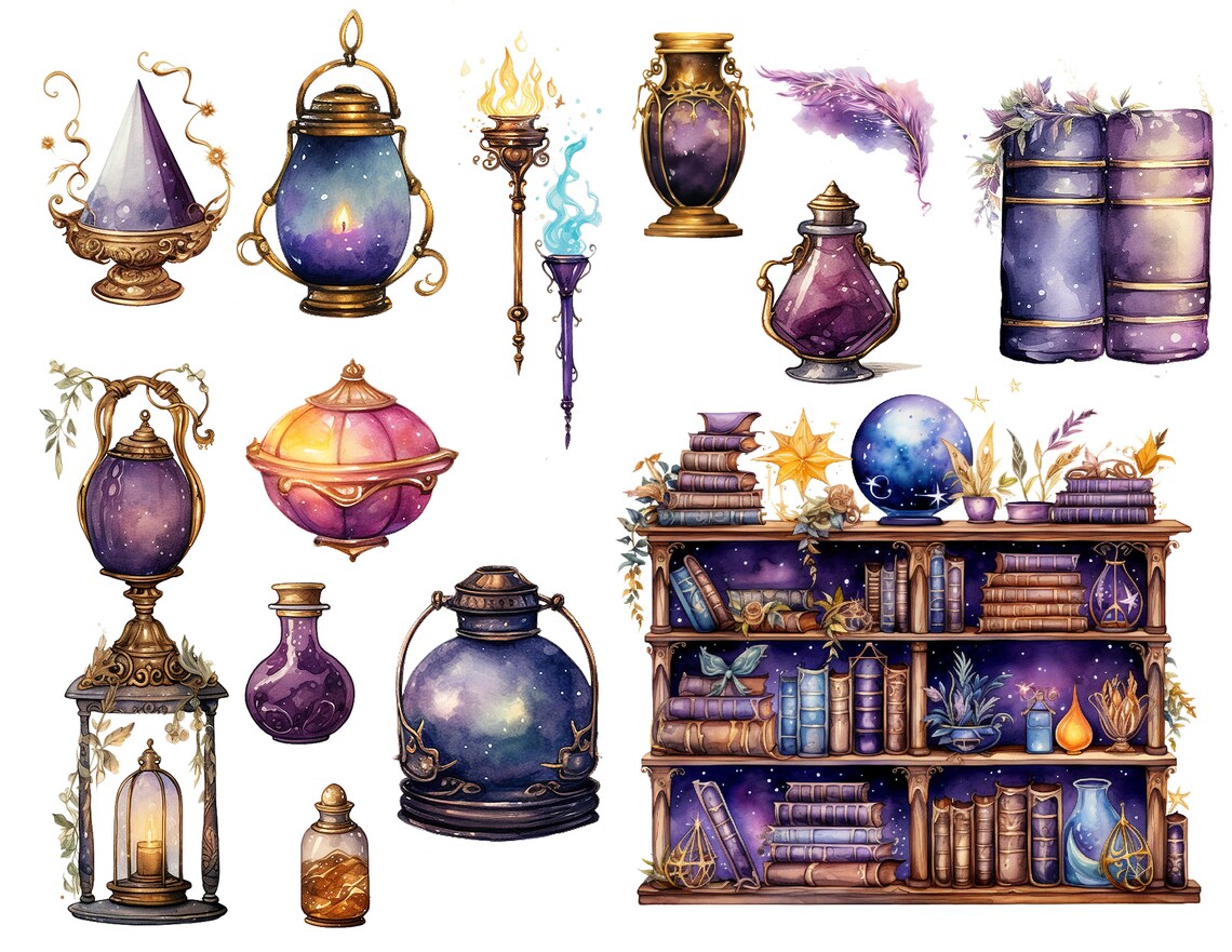 Watercolor Fantasy Books Clipart Galaxy Book Stacks and Book - Etsy
