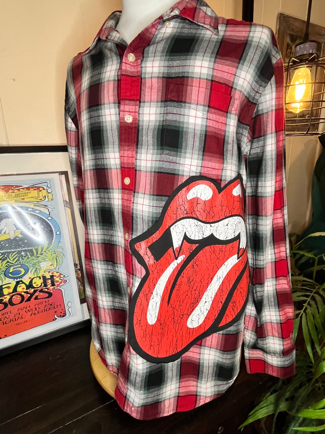 Upcycled Oversized Flannel Shirt W/ Rolling Stones Inspired Custom ...
