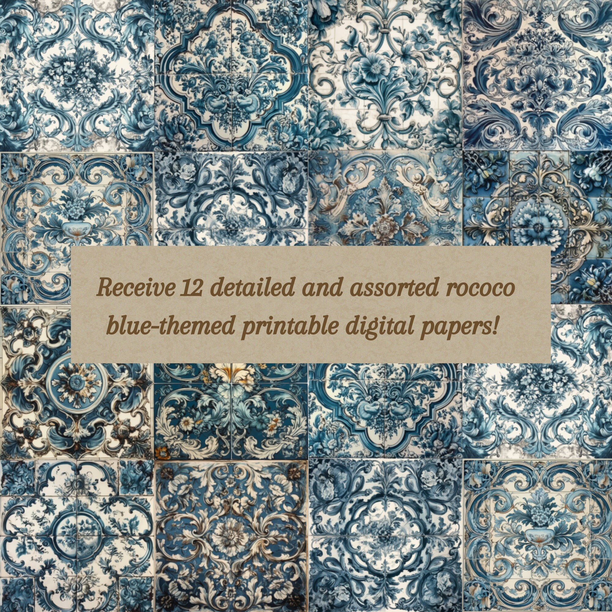 Rococo Patterns Blue Theme 12 Sheets Digital Junk Journal, Journal Kit ...