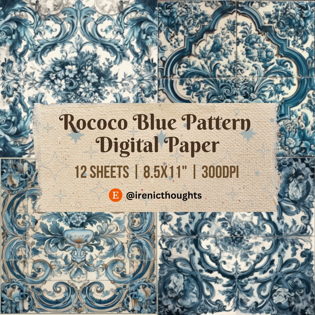 Rococo Patterns Blue Theme 12 Sheets Digital Junk Journal, Journal Kit ...