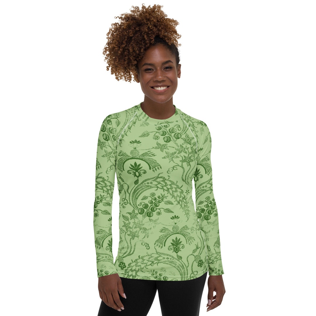 Women's Rash Guard Green Pattern Print, Long Sleeve Shirt With UV ...
