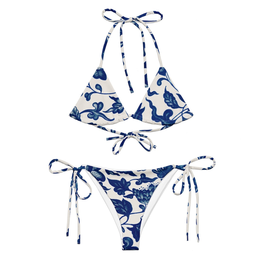 String Bikini Blue and White Floral Print, Beach Wear, Two-piece ...