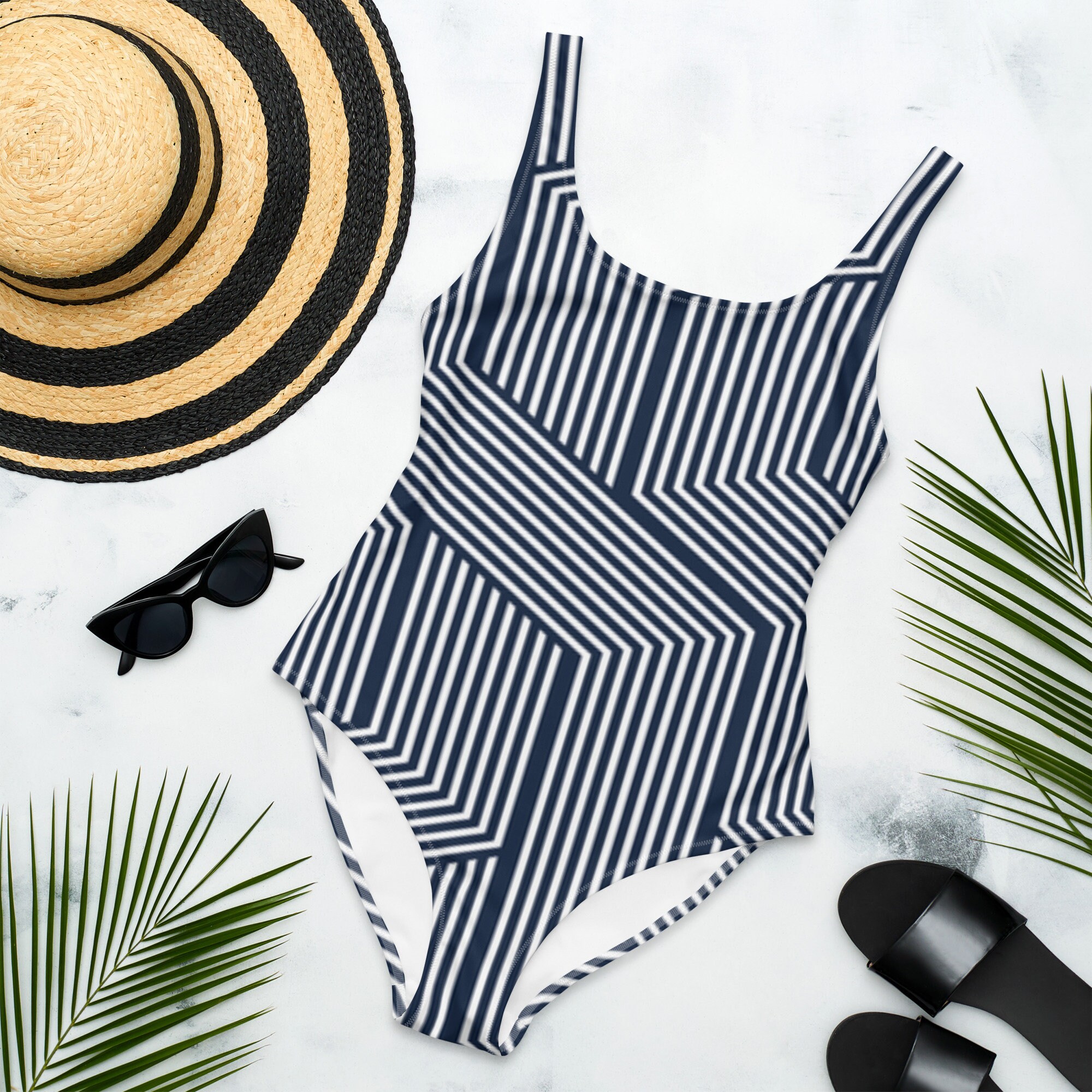 One-piece Swimsuit Blue Geometric Print, Floral One-piece, Bathing Suit ...