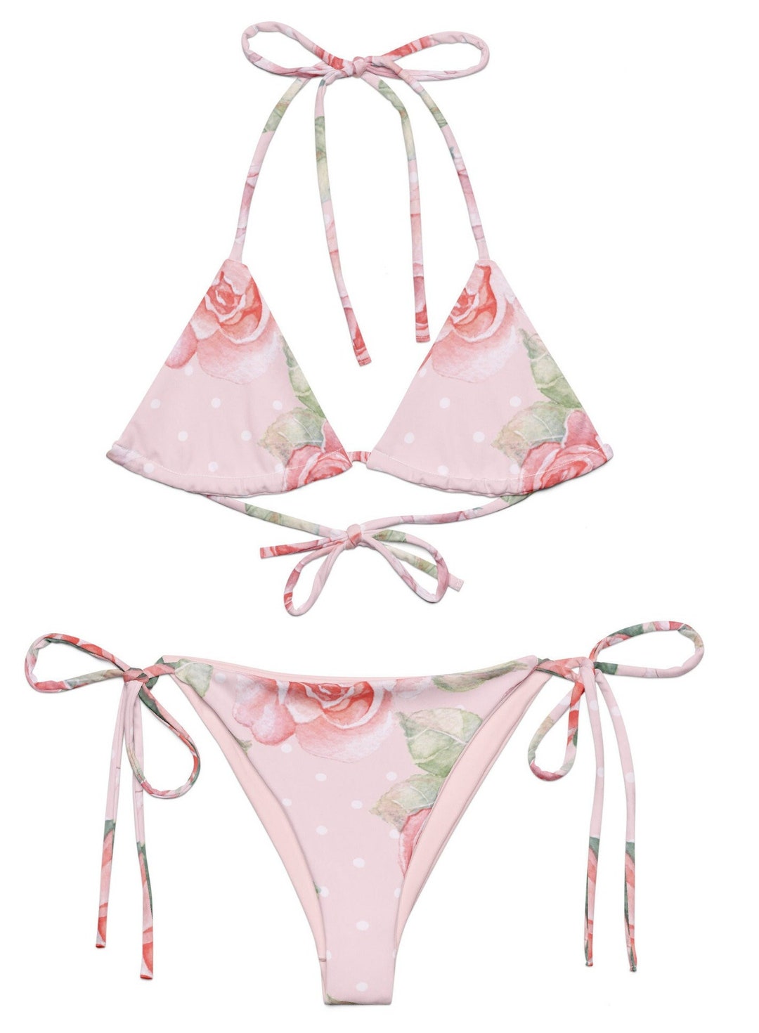 String Bikini Pink Roses, Two-piece Swimsuit, Floral Bikini, Beach ...