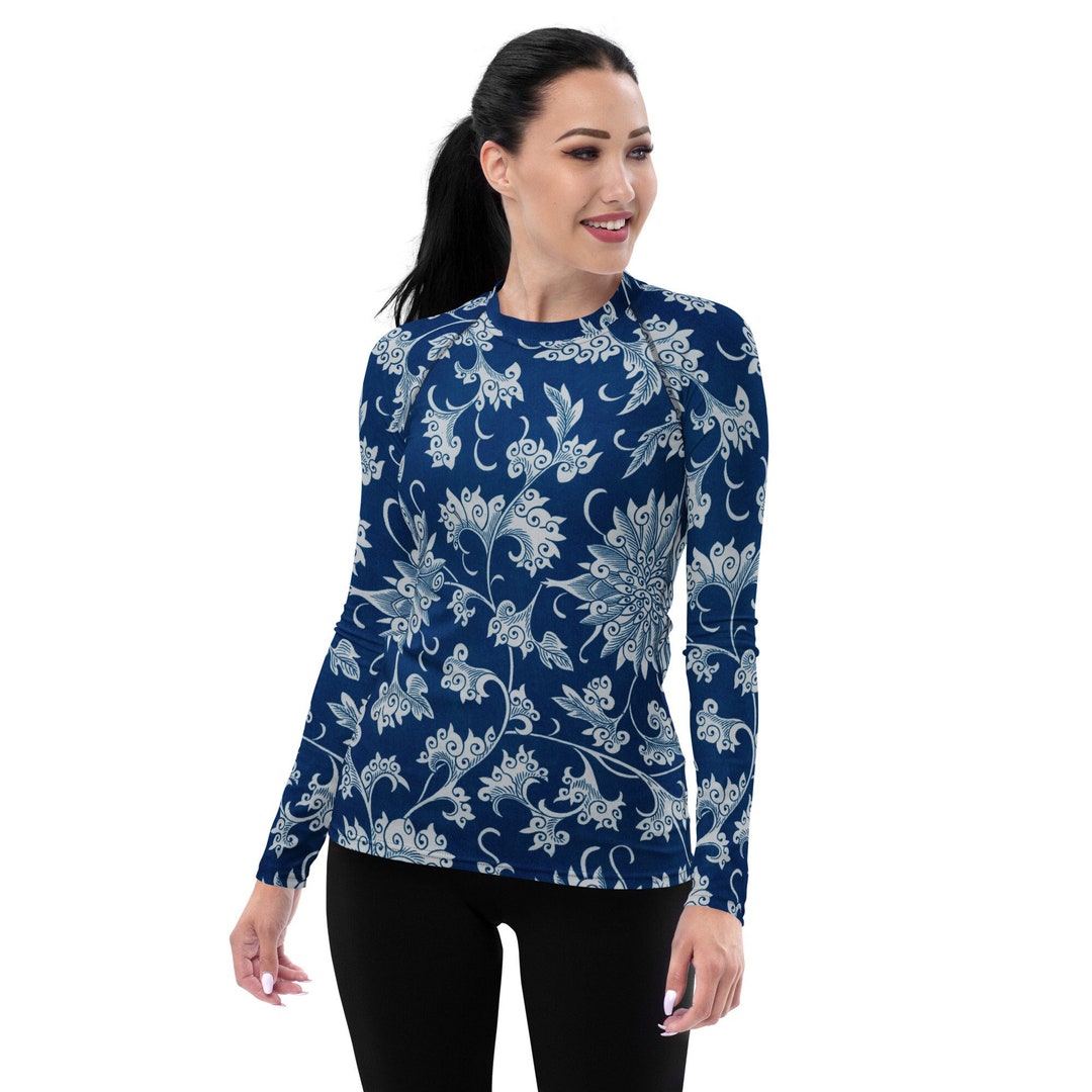 Women's Rash Guard in Blue Floral Print, Long Sleeve Shirt With UV ...
