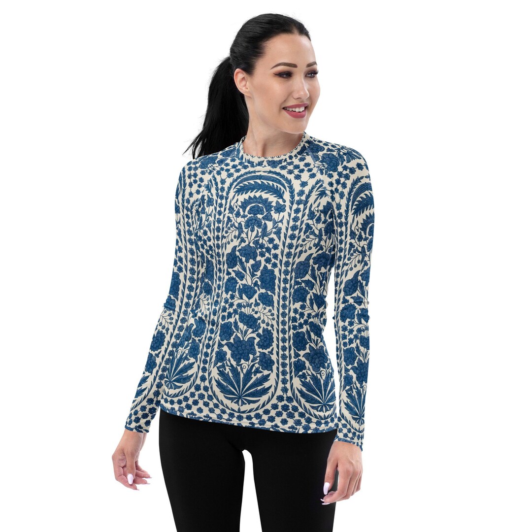 Women's Rash Guard Blue Floral Print, Long Sleeve Shirt With UV ...