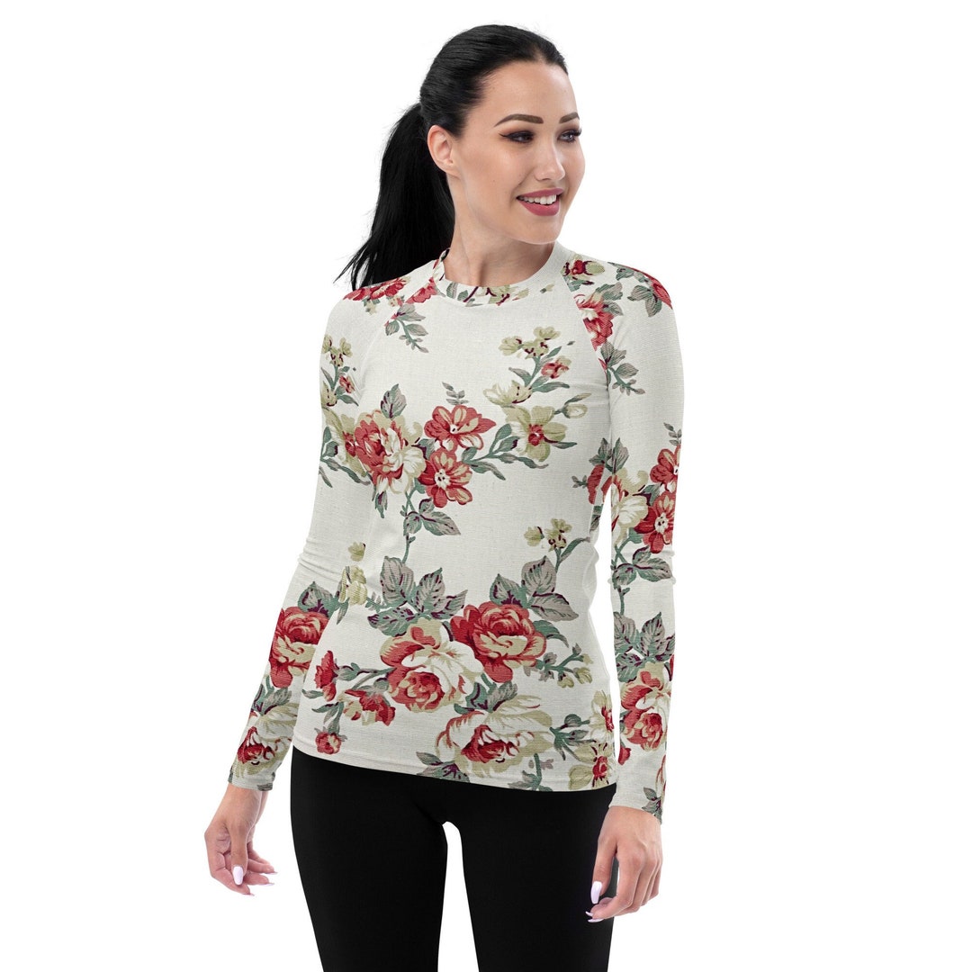 Roses Vintage Print Women's Rash Guard, Long Sleeve Shirt With UV ...