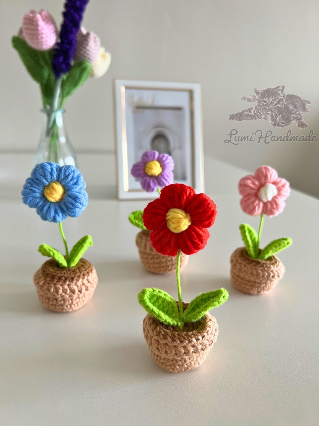 Crochet Potted Flower Car Dashboard Decoration Flower Interior Ornament ...