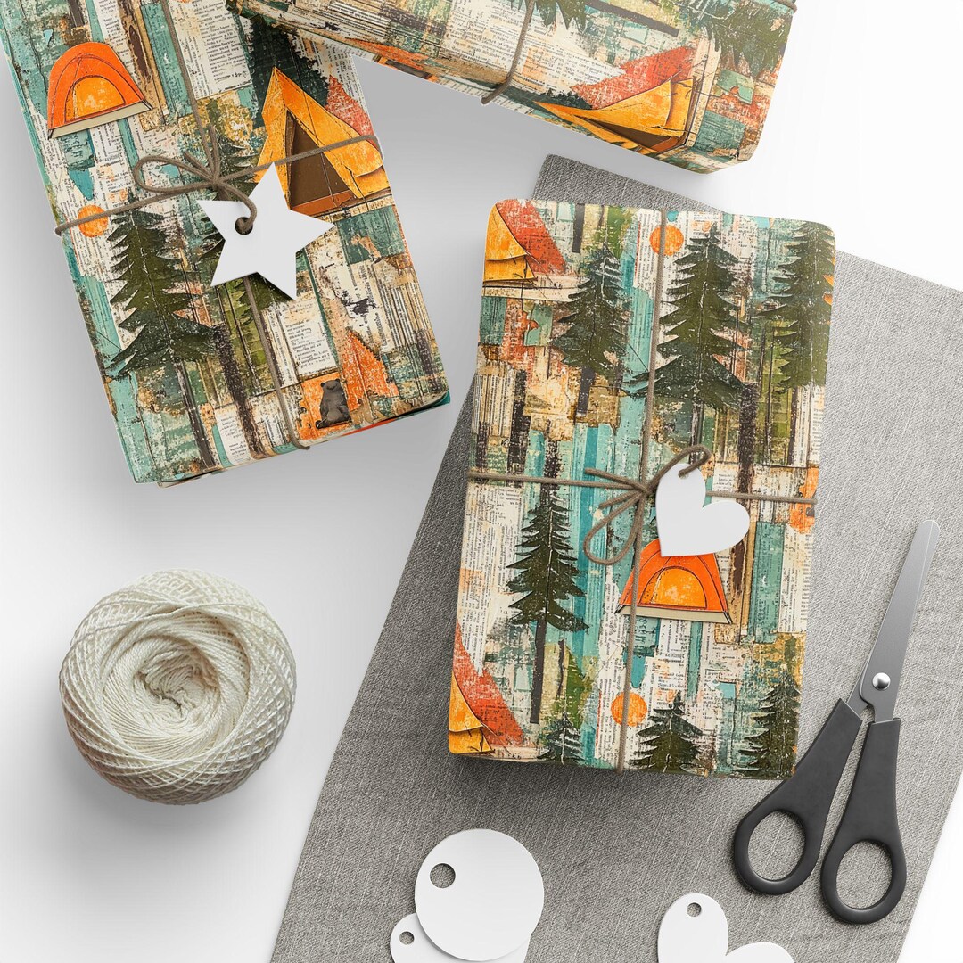 Retro Camping Gift Wrapping Paper, Outdoor Theme, Holiday Celebrations ...