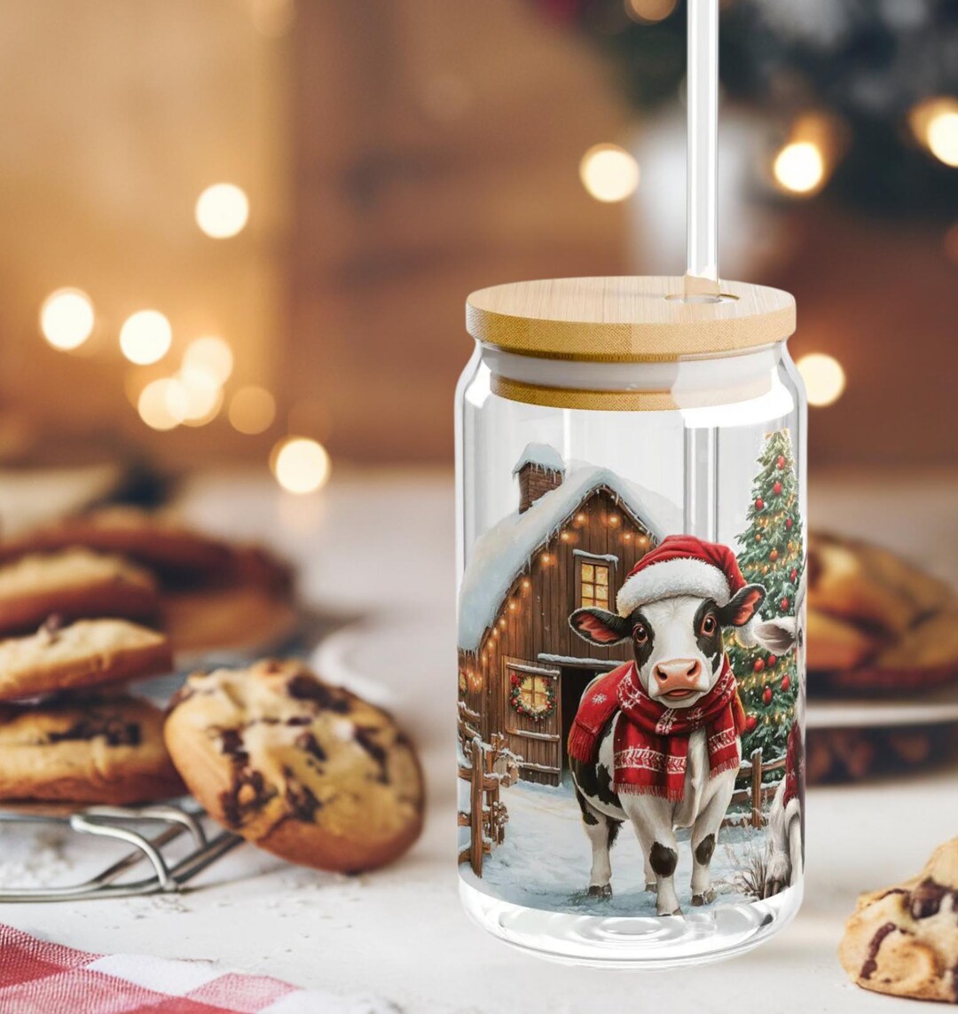 Christmas Farm Cow Glass Cup With Bamboo Lid & Straw | 16oz - Etsy