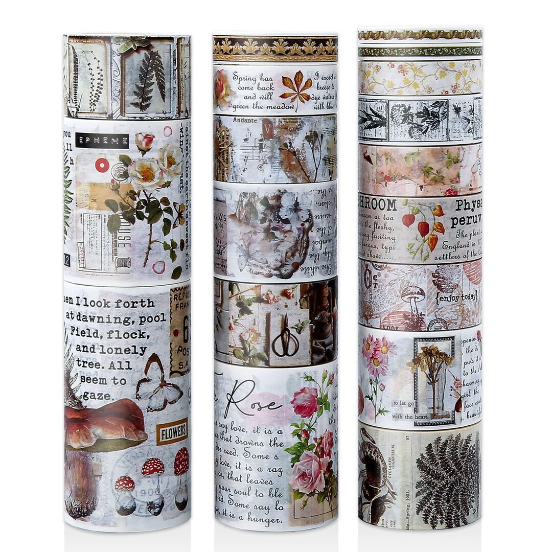 18 Rolls Vintage Washi Tape Set, Botanical Masking Tape 5/10/15/20/25 ...