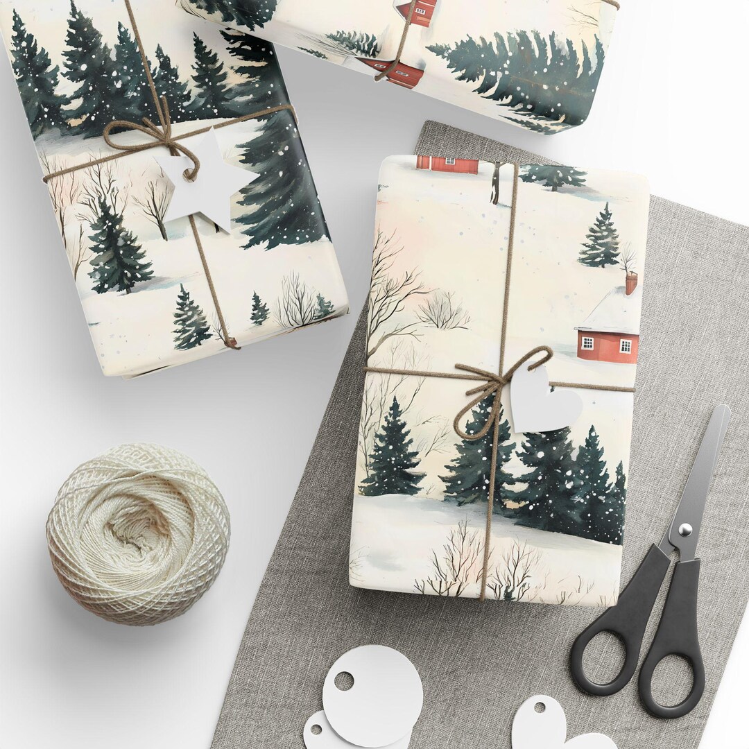Cozy Cabin Winter Scene Wrapping Paper | Holiday Trees Snowy Landscape ...