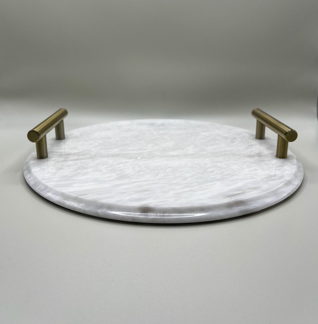 White Marble Round Tray: 11" Vanity Tray With Handles - Etsy