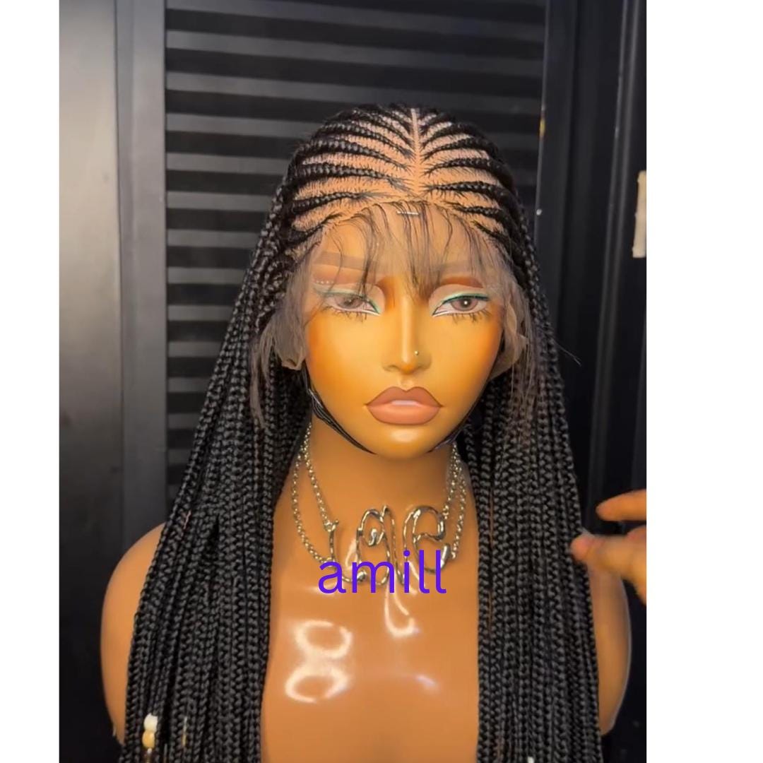 All Black Braid Wig, Corn Row Braids Wig, Center Part Braided Wig, All ...