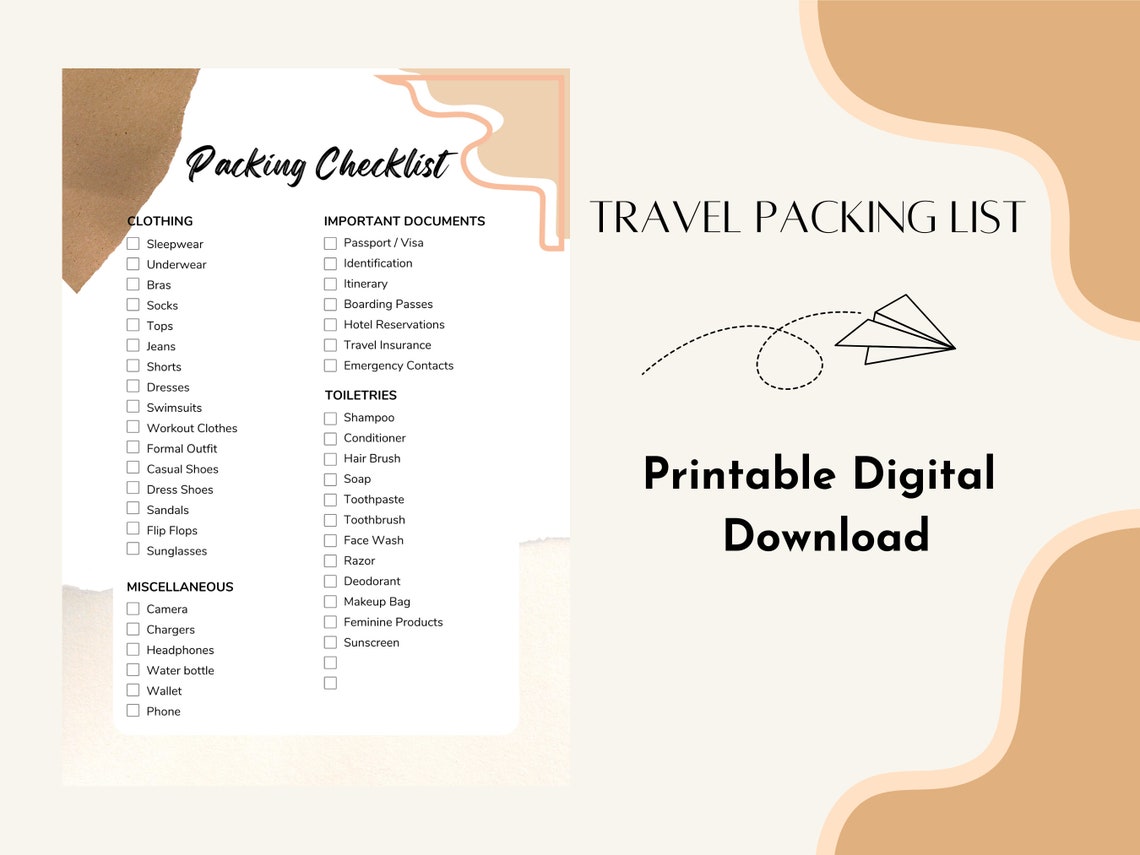 Printable Packing List Travel Packing List INSTANT Download - Etsy