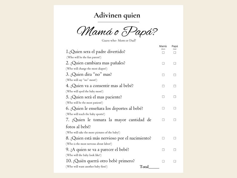 Baby Shower Game in Spanish Fiesta De Baby Shower Juego De Baby Shower ...