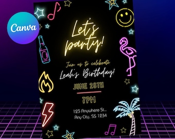 Neon Party Invitation Template Invite Editable Digital Party Invitation ...