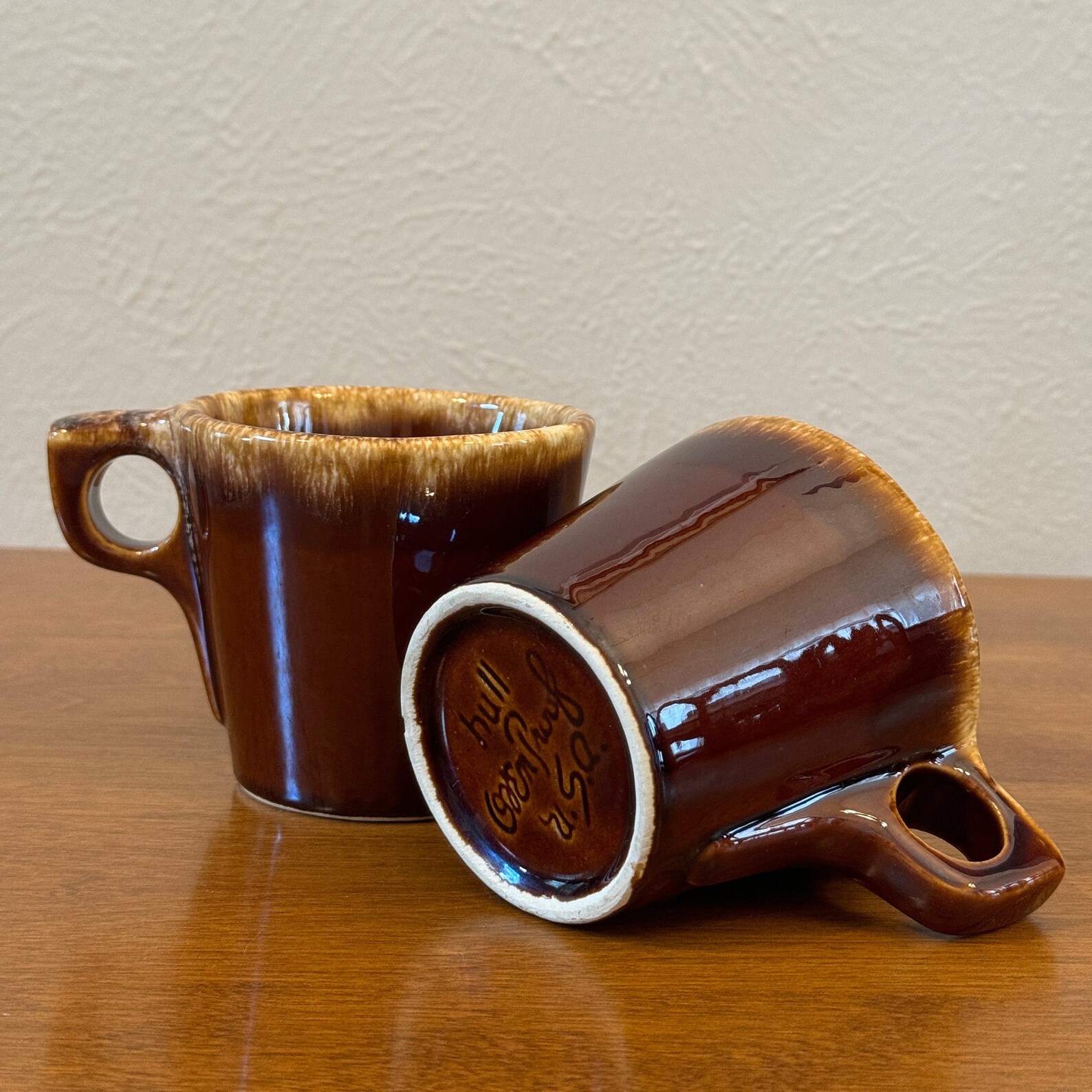 Vintage Brown Drip Glaze Mug Set by Hull/ Retro Drip Glaze Pottery Mugs ...