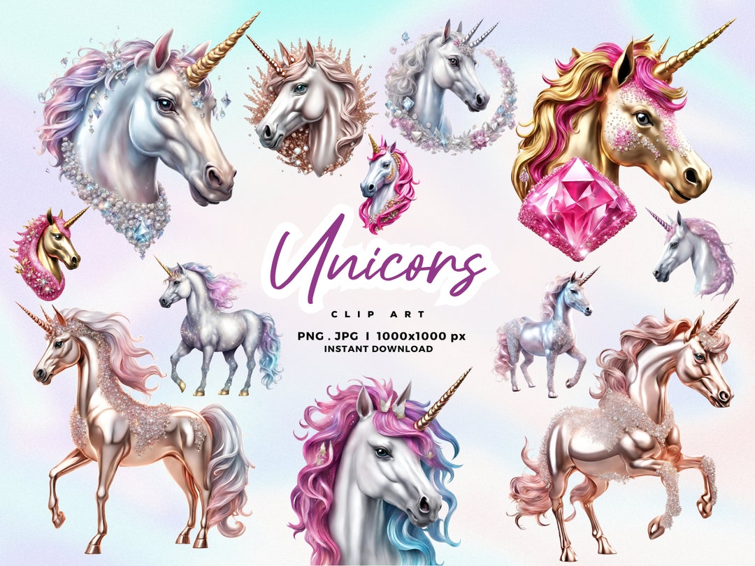 3D Unicorn Clip Art, Glitter Unicorn Clipart, Rose Gold Unicorn ...