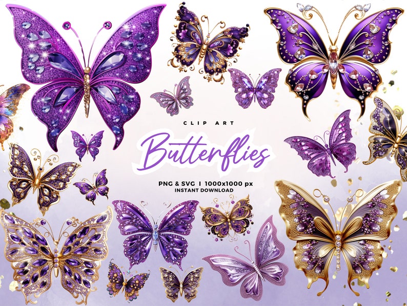 3D Purple Sparkling Butterflies Clip Art, Glitter Butterflies Clipart ...