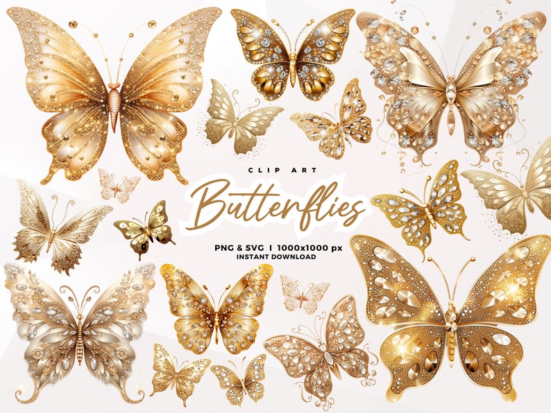 3D Gold Sparkling Butterflies Clip Art, Glitter Butterflies Clipart ...