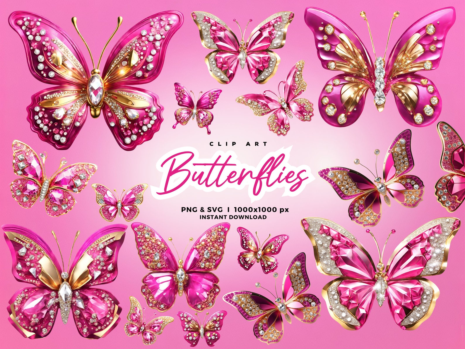 3D Hot Pink Gold Sparkling Butterflies Clip Art, Glitter Butterflies ...