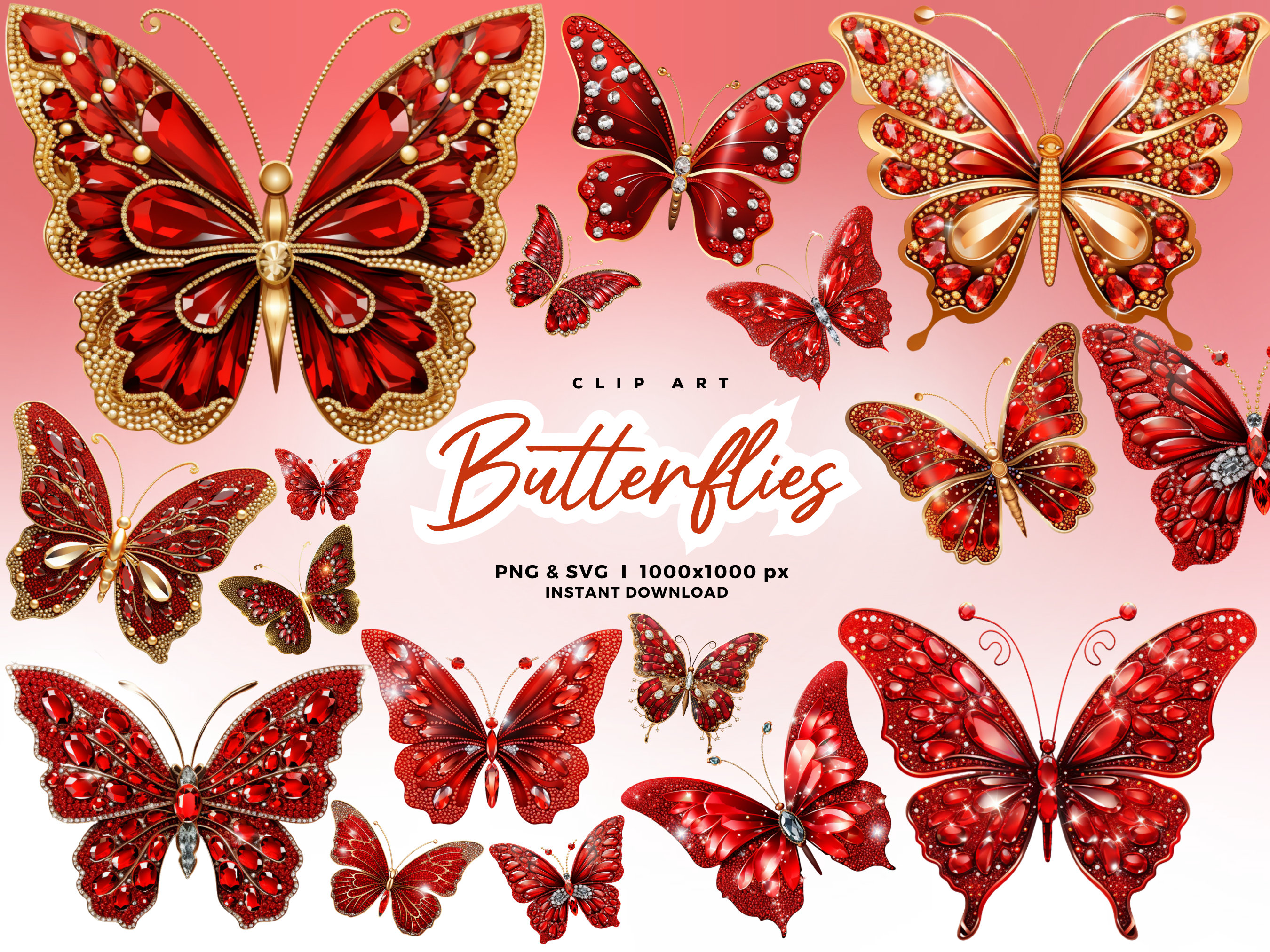 3D Red Gold Sparkling Butterflies Clip Art, Glitter Butterflies Clipart ...