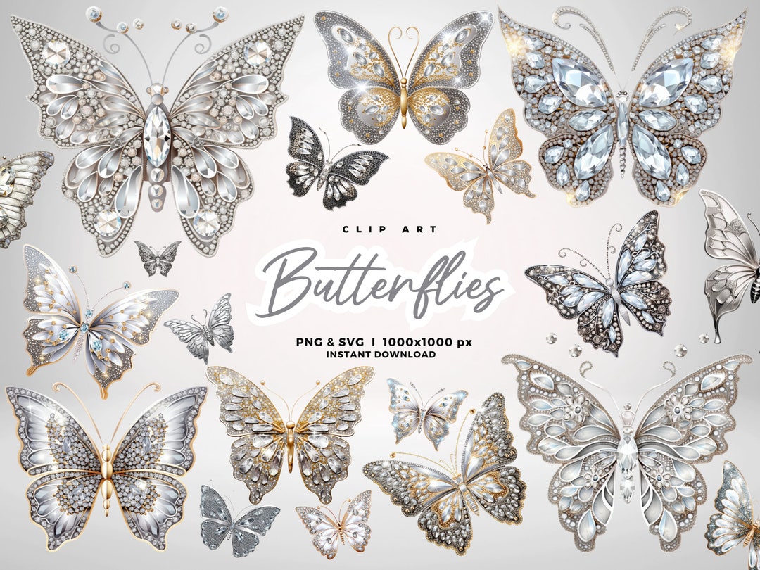 3D Silver Sparkling Butterflies Clip Art, Glitter Butterflies Clipart ...
