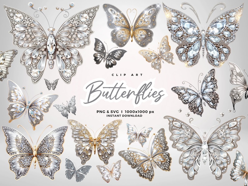 3D Silver Sparkling Butterflies Clip Art, Glitter Butterflies Clipart ...