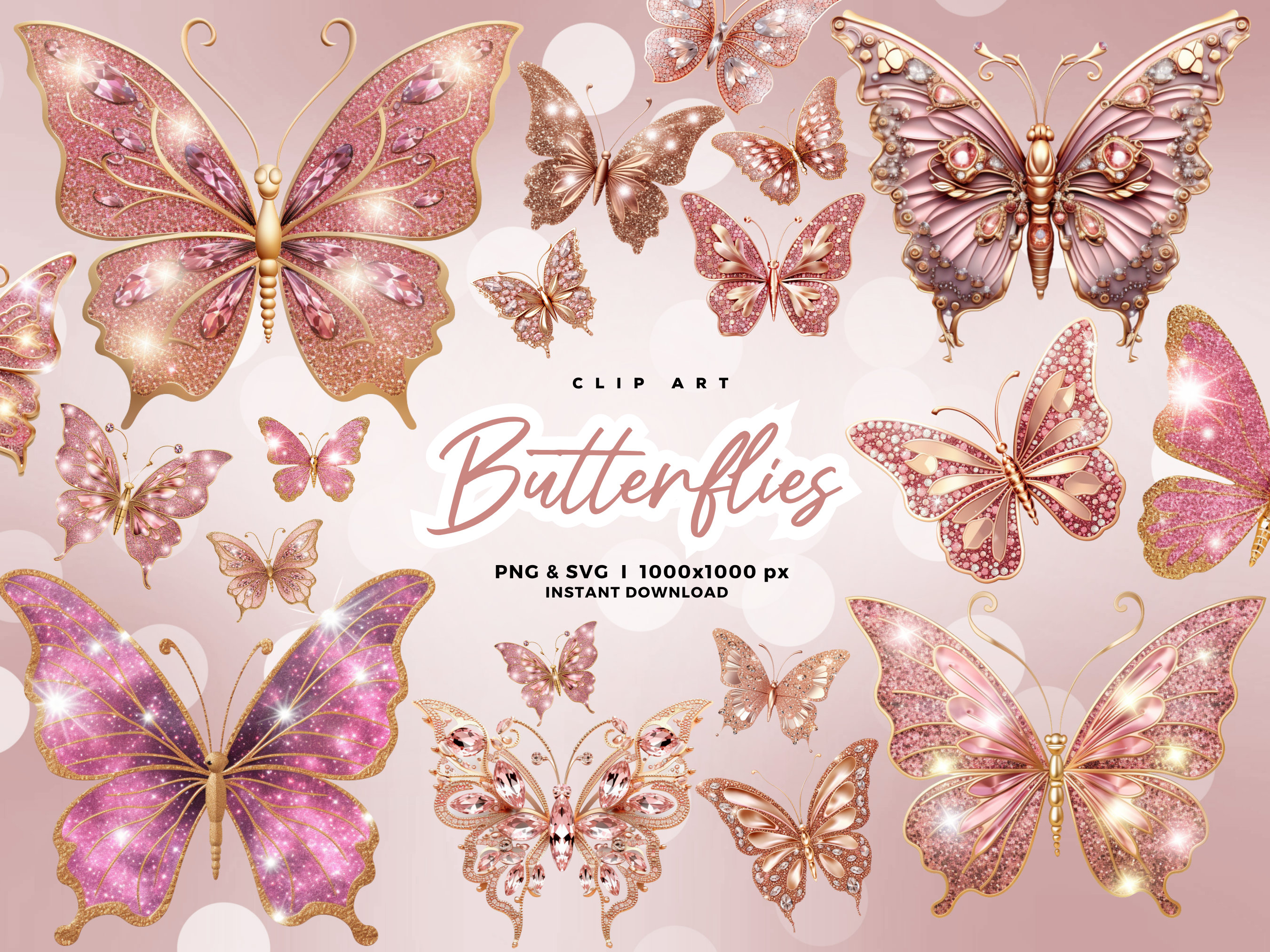3D Rose Gold Sparkling Butterflies Clip Art, Glitter Butterflies ...