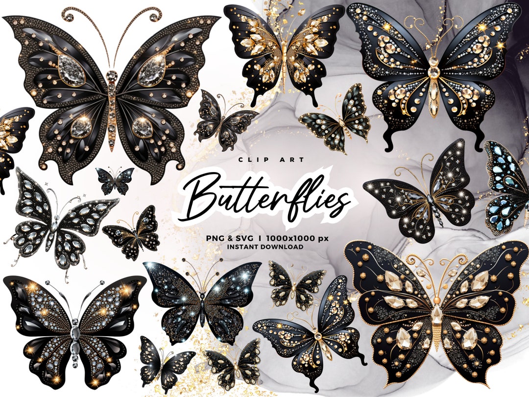 3D Black Sparkling Butterflies Clip Art, Glitter Butterflies Clipart ...