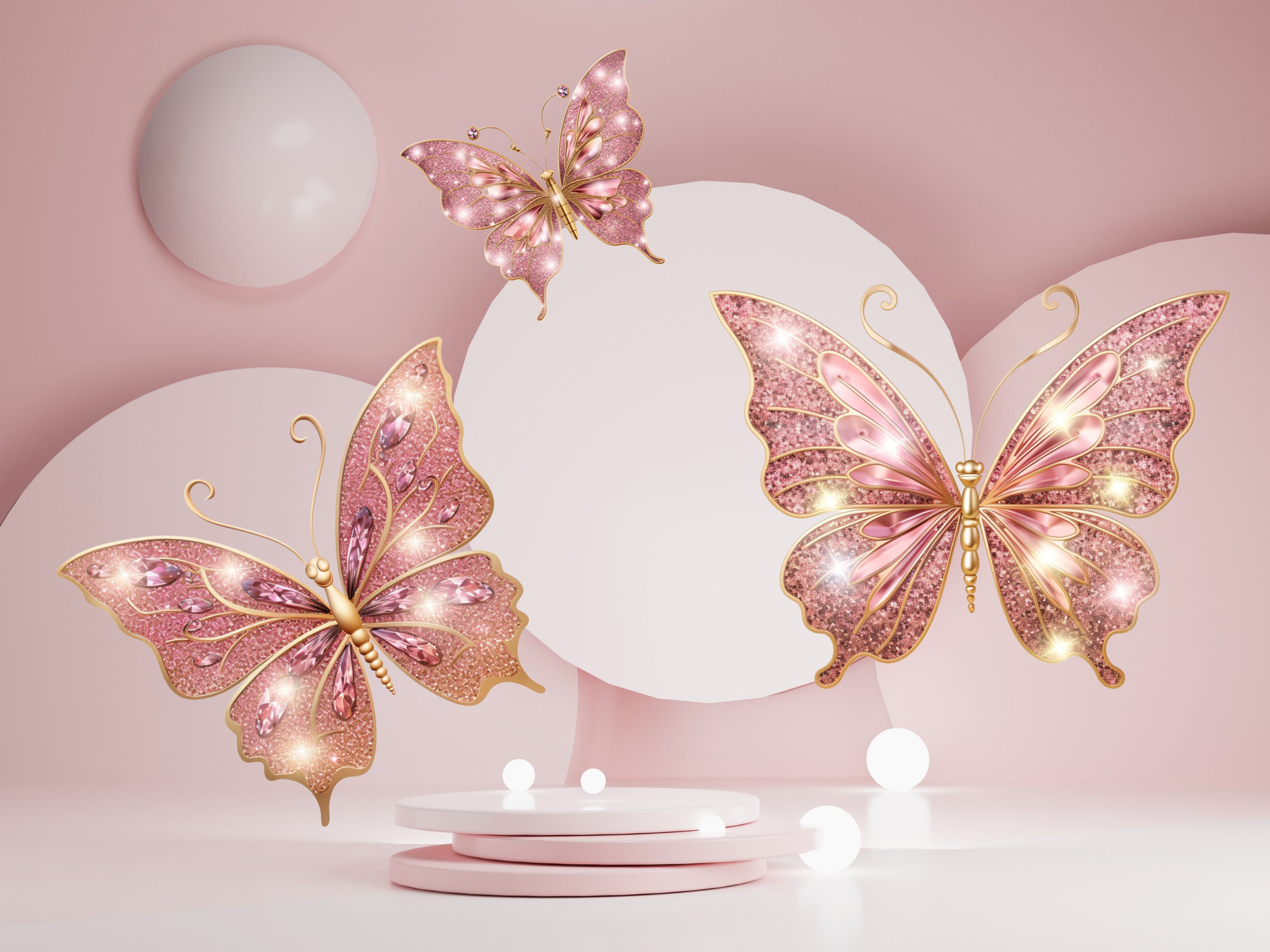 3D Rose Gold Sparkling Butterflies Clip Art, Glitter Butterflies ...