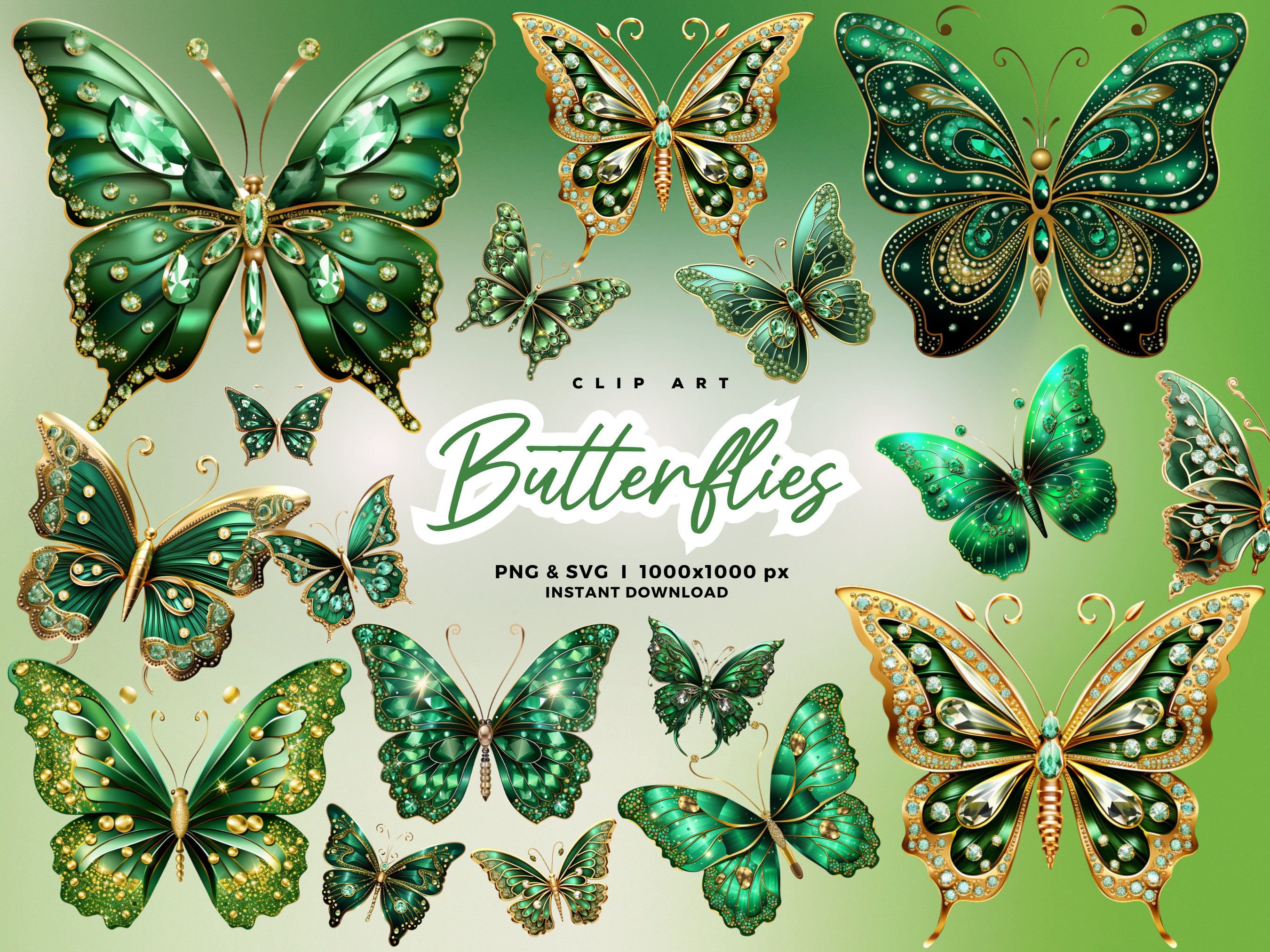 3D Green Gold Sparkling Butterflies Clip Art, Glitter Butterflies ...