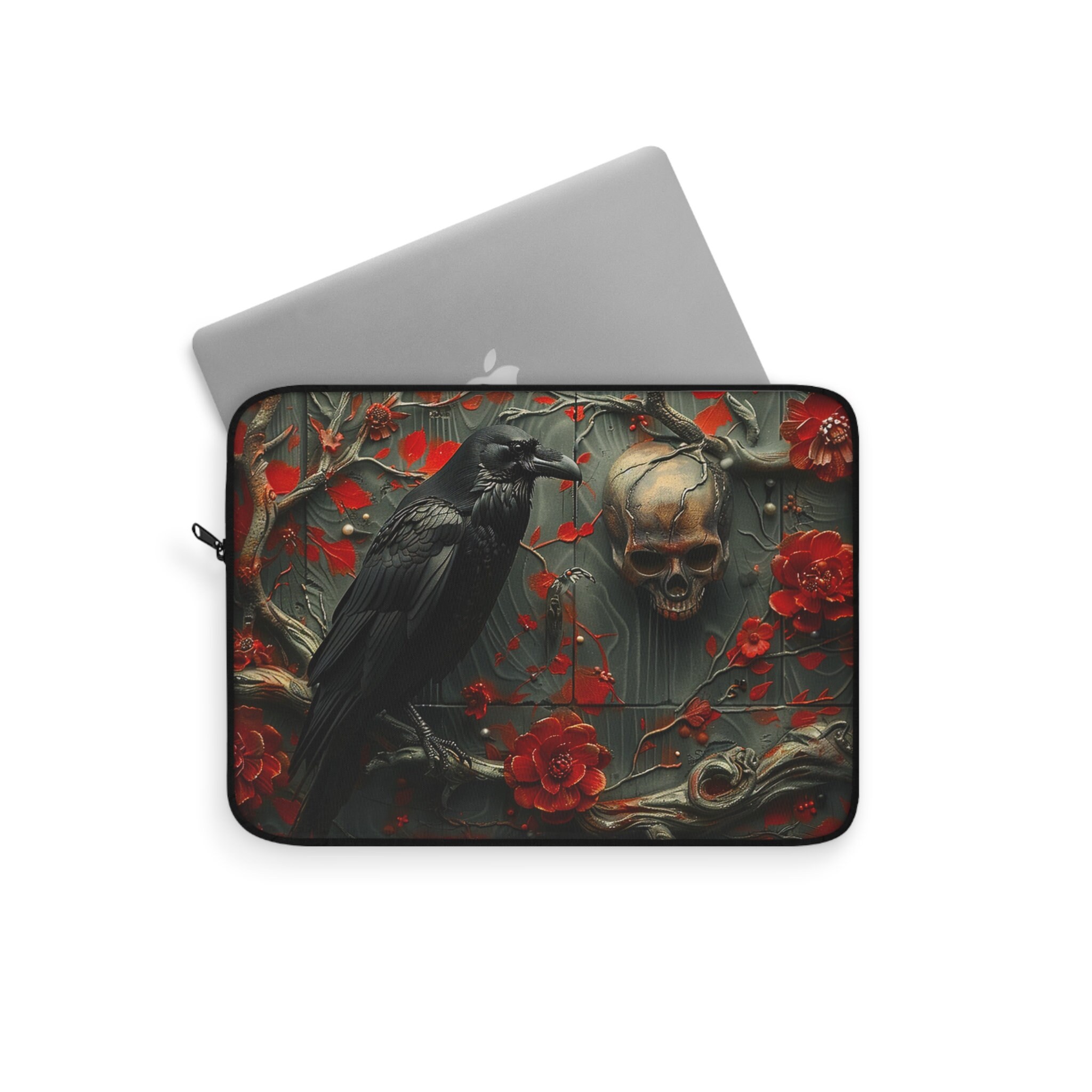 Dark Academia Gothic Raven Laptop Sleeve, Spooky Red Floral Dark ...