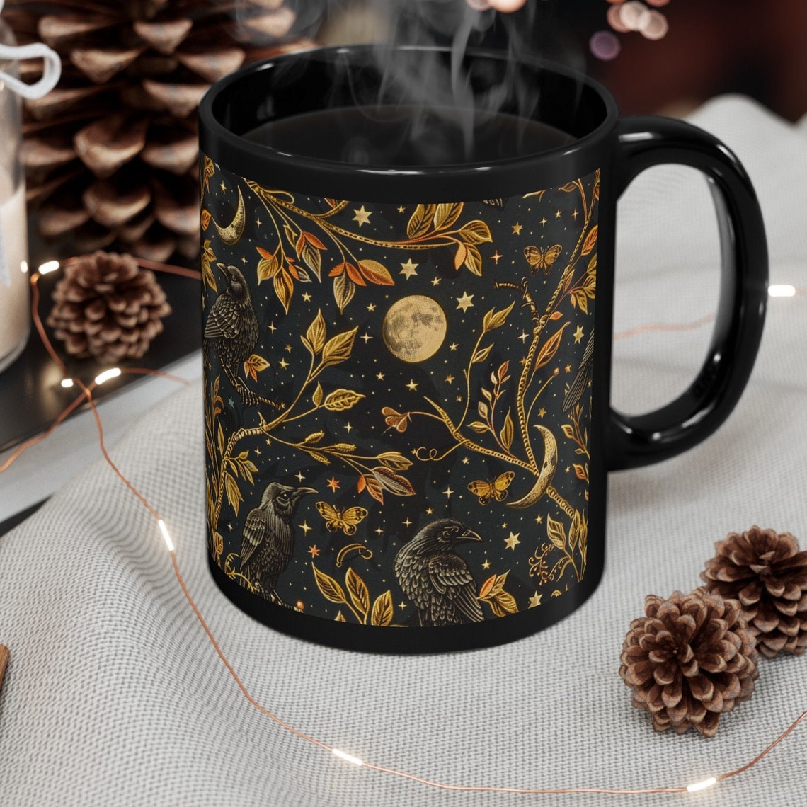 Gothic Floral Raven Full Moon Black Coffee Mug Ceramic 11 Oz or 15 Oz ...