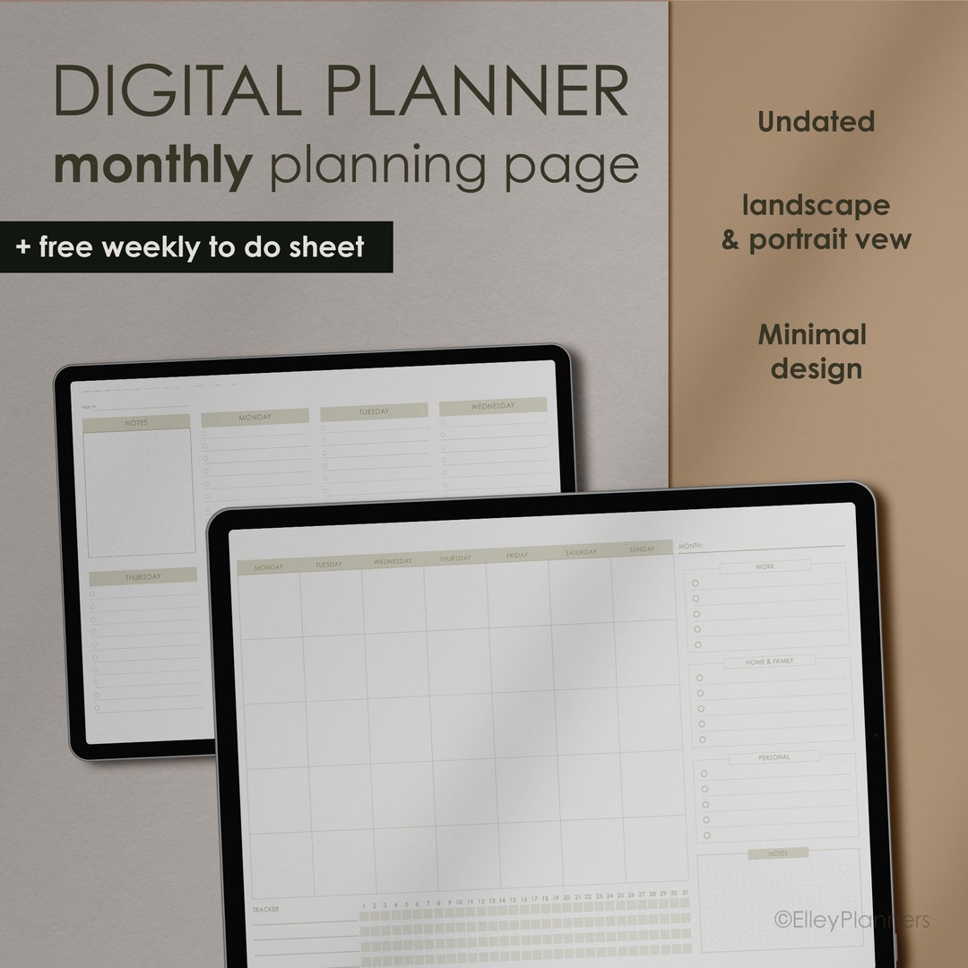 MONTHLY Undated Digital Planner Page for iPad Goodnotes Minimalist ...