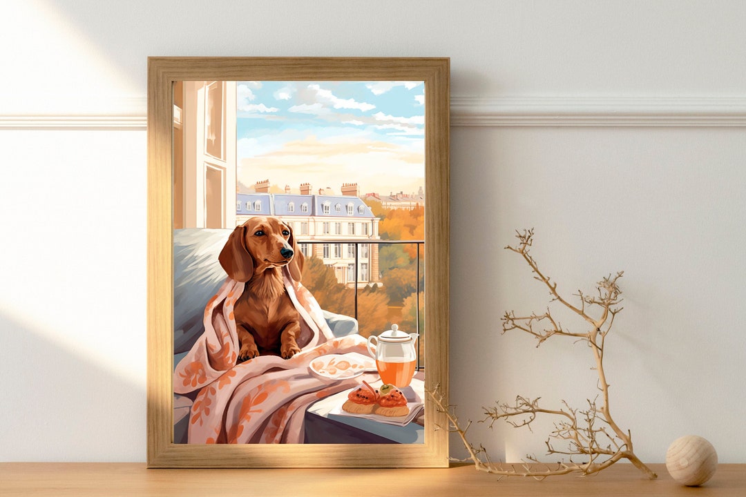 Cute Dachshund Dog Drinking Tea in Paris, Watercolour Pastel Decor ...