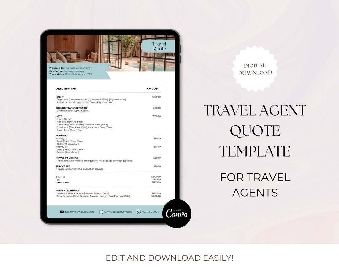 Travel Agent Resort Quote Template, Vacation Quote Template, Quotation ...