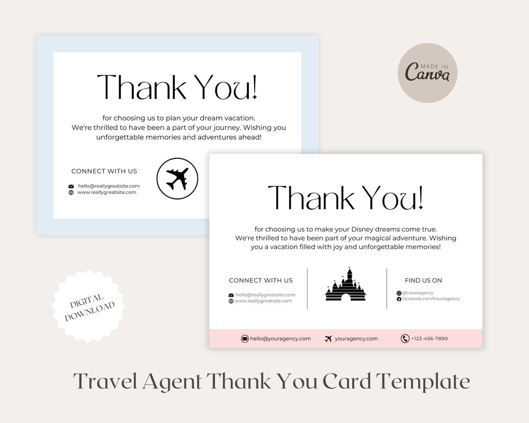 Travel Agent Thank You Note to Client, Thank You Note, Canva Template ...