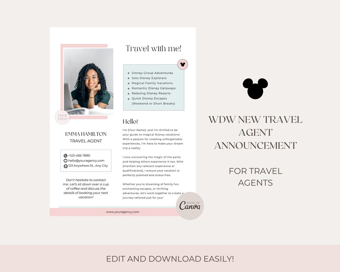 New WDW Travel Agent Announcement Template, Travel Agent Bio, Canva ...