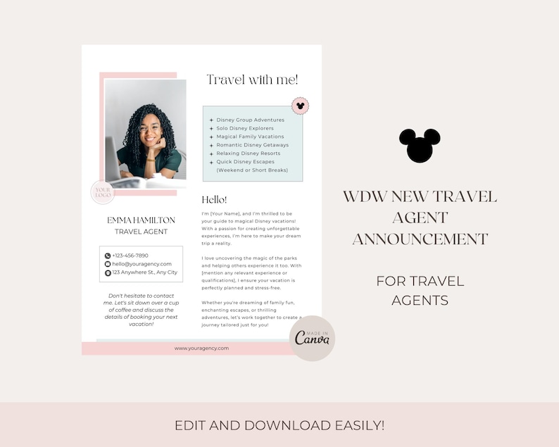 New WDW Travel Agent Announcement Template, Travel Agent Bio, Canva ...