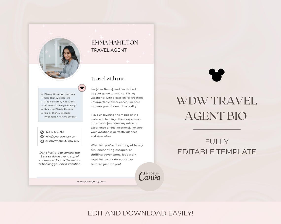 WDW Travel Agent Bio Template, Travel Agent Intro, Canva, Travel Agent ...