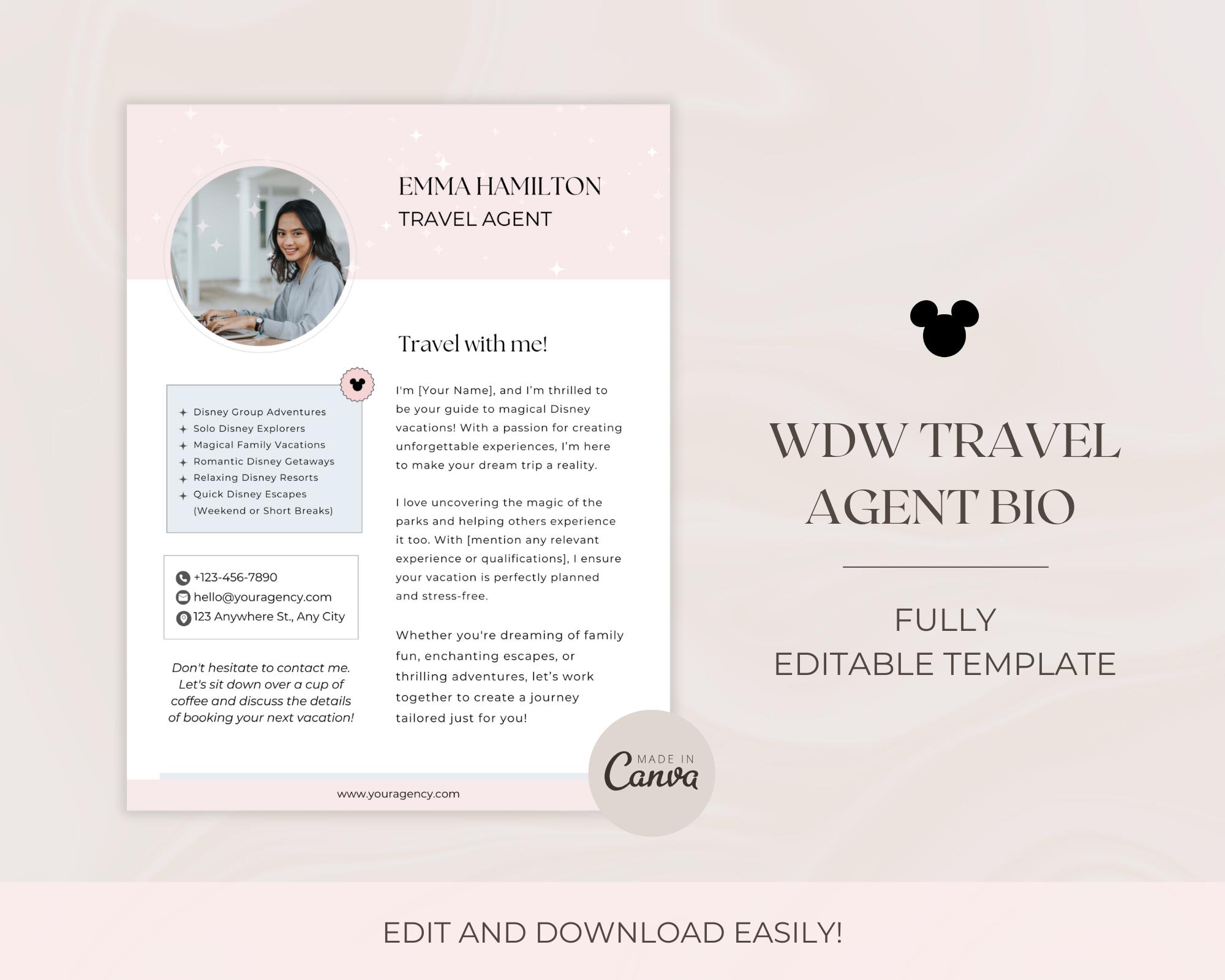 WDW Travel Agent Bio Template, Travel Agent Intro, Canva, Travel Agent ...