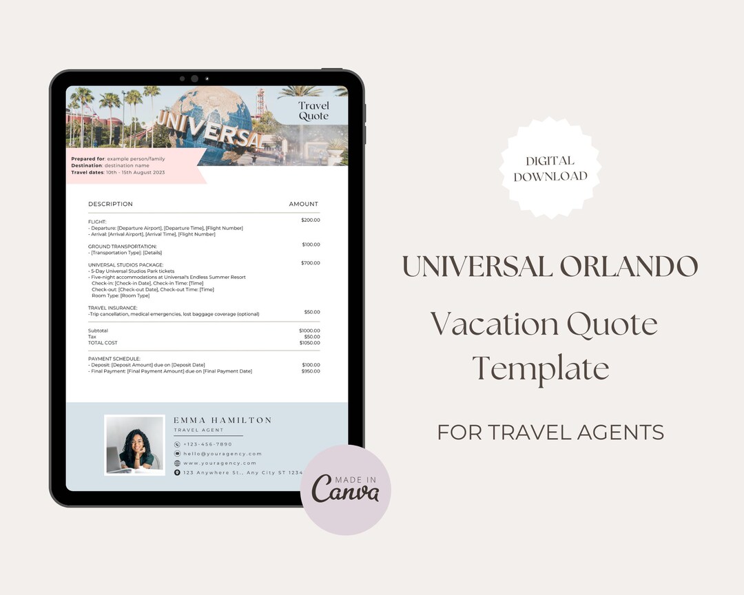 Universal Studios Orlando Agent Quote Template, Vacation Quote Template ...